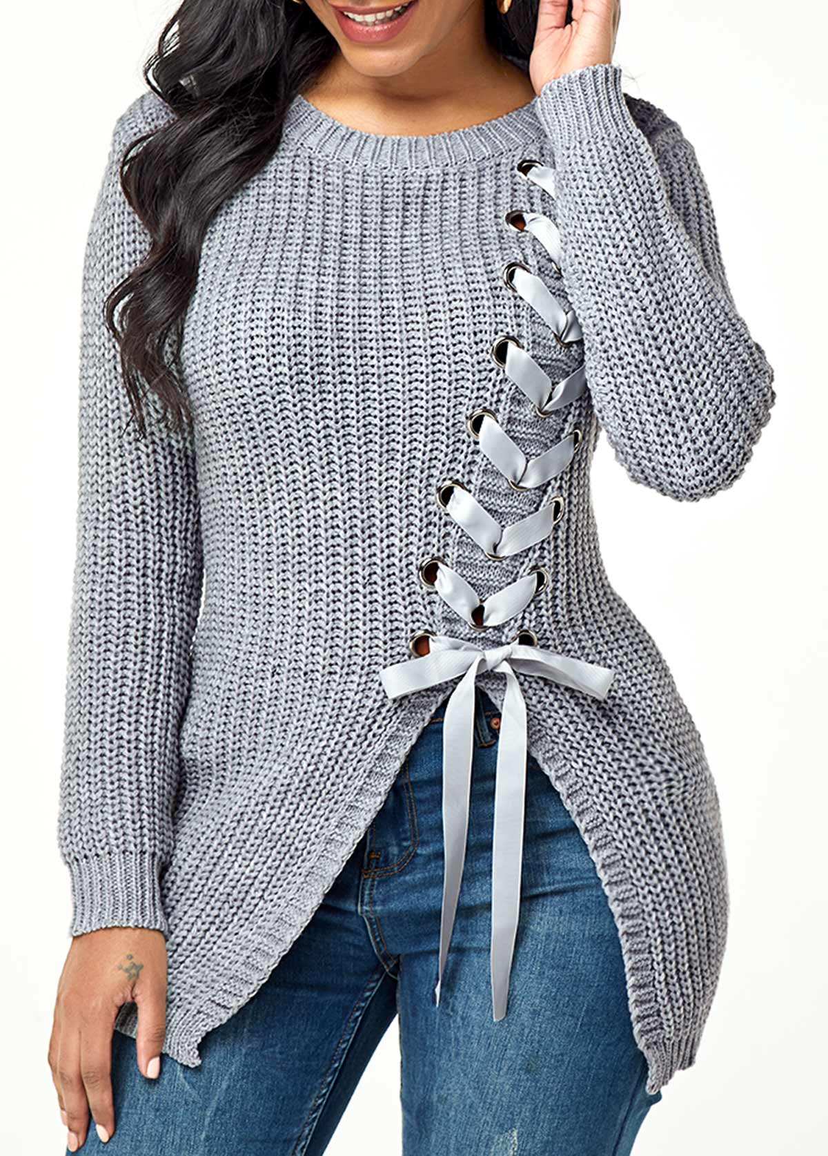 Asymmetric Hem Lace Up Pullover Sweater | Rosewe.com - USD $35.87