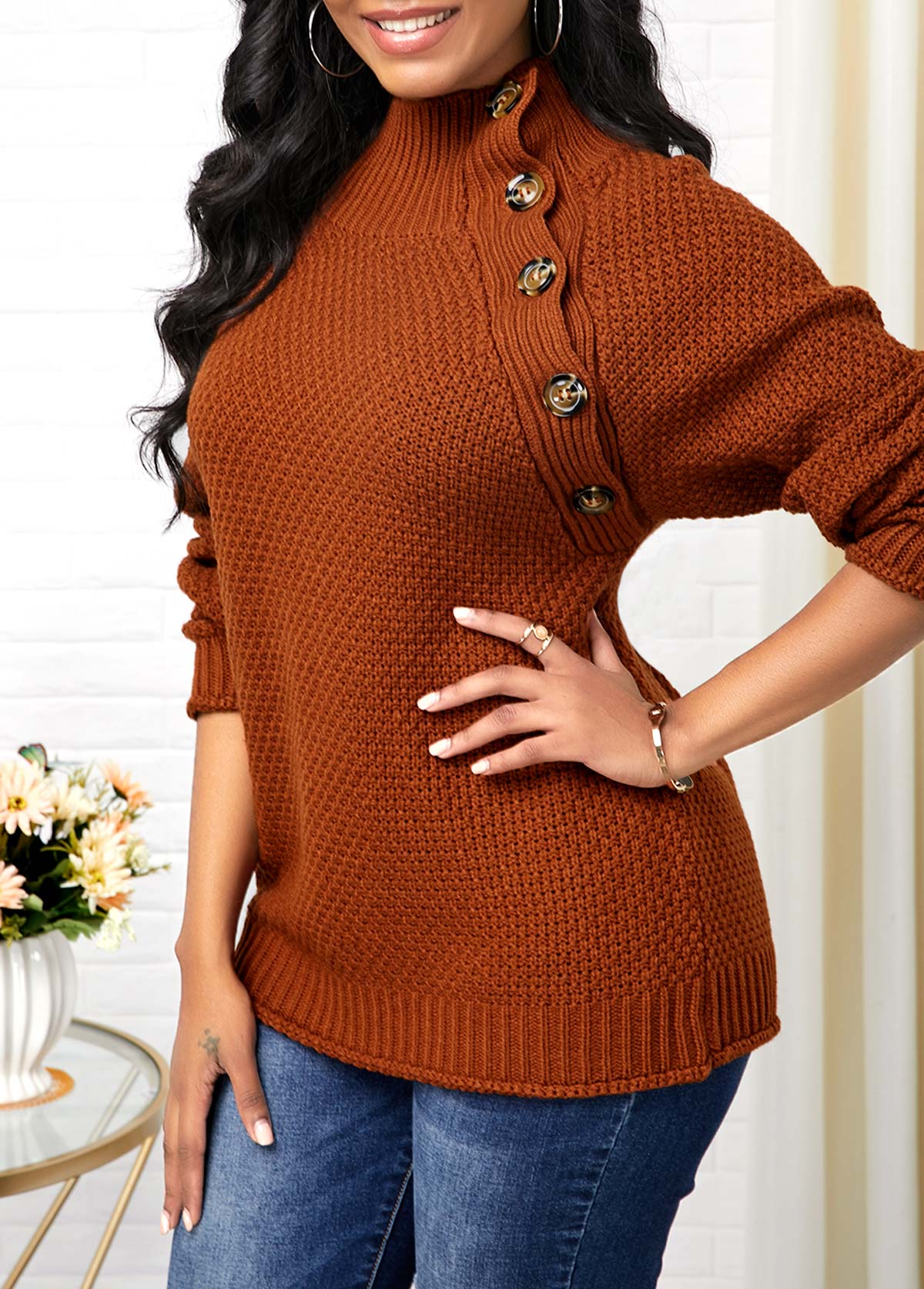 High Neck Button Detail Pullover Sweater | Rosewe.com - USD $31.16