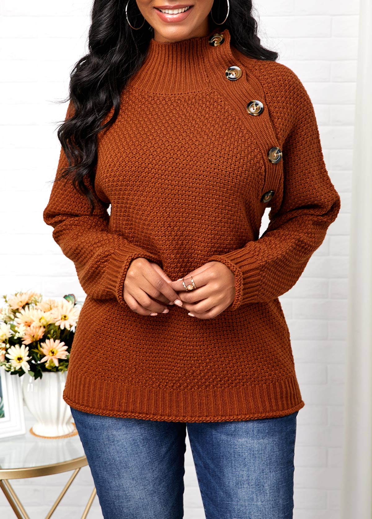 High Neck Button Detail Pullover Sweater | Rosewe.com - USD $31.16
