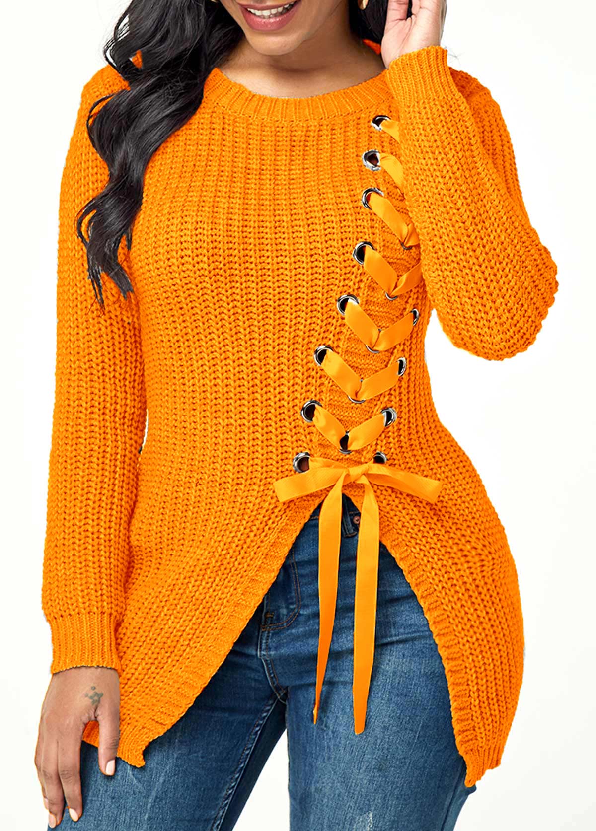 Split Front Lace Up Long Sleeve Sweater | Rosewe.com - USD $15.99