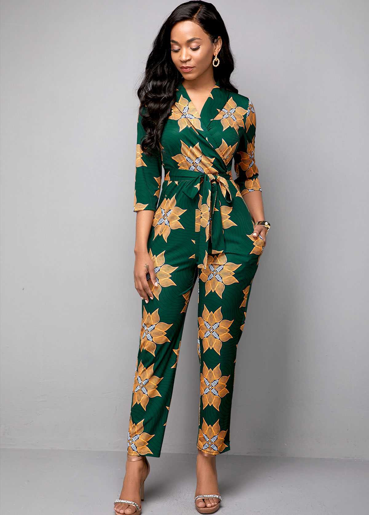 Tribal Print Side Pocket Belted Jumpsuit | Rosewe.com - USD $24.99