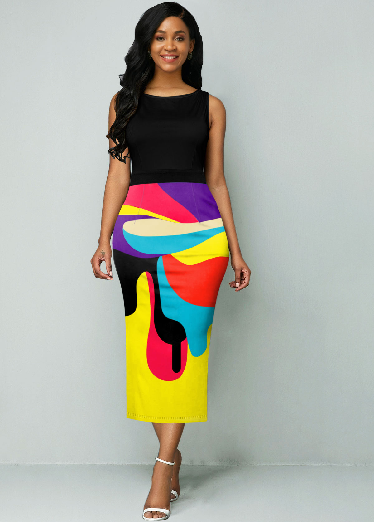 Sleeveless Rainbow Color Geometric Print Dress | Rosewe.com - USD $19.99