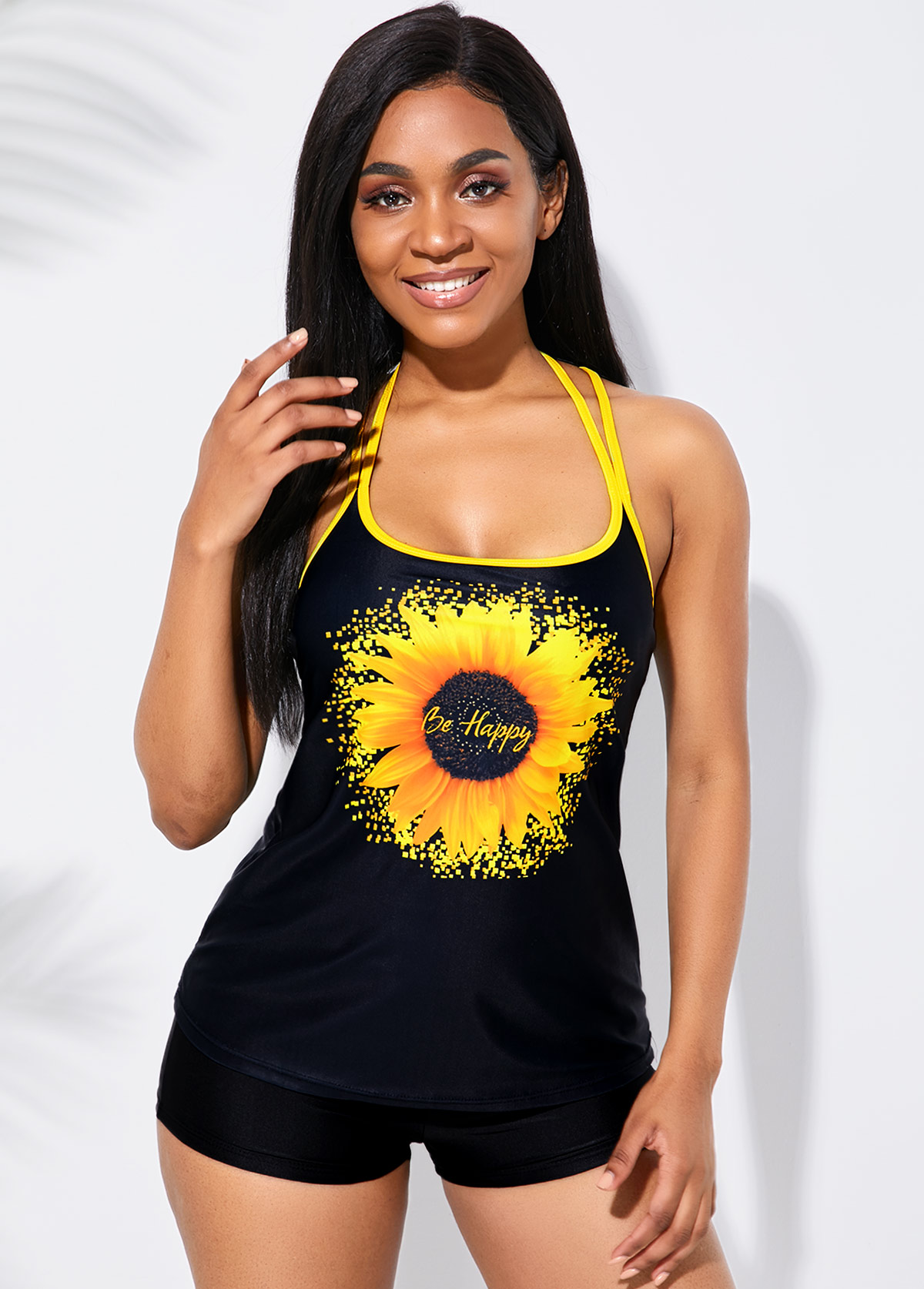 Black Strappy Back Sunflower Print Tankini Set | Rosewe.com - USD $16.99
