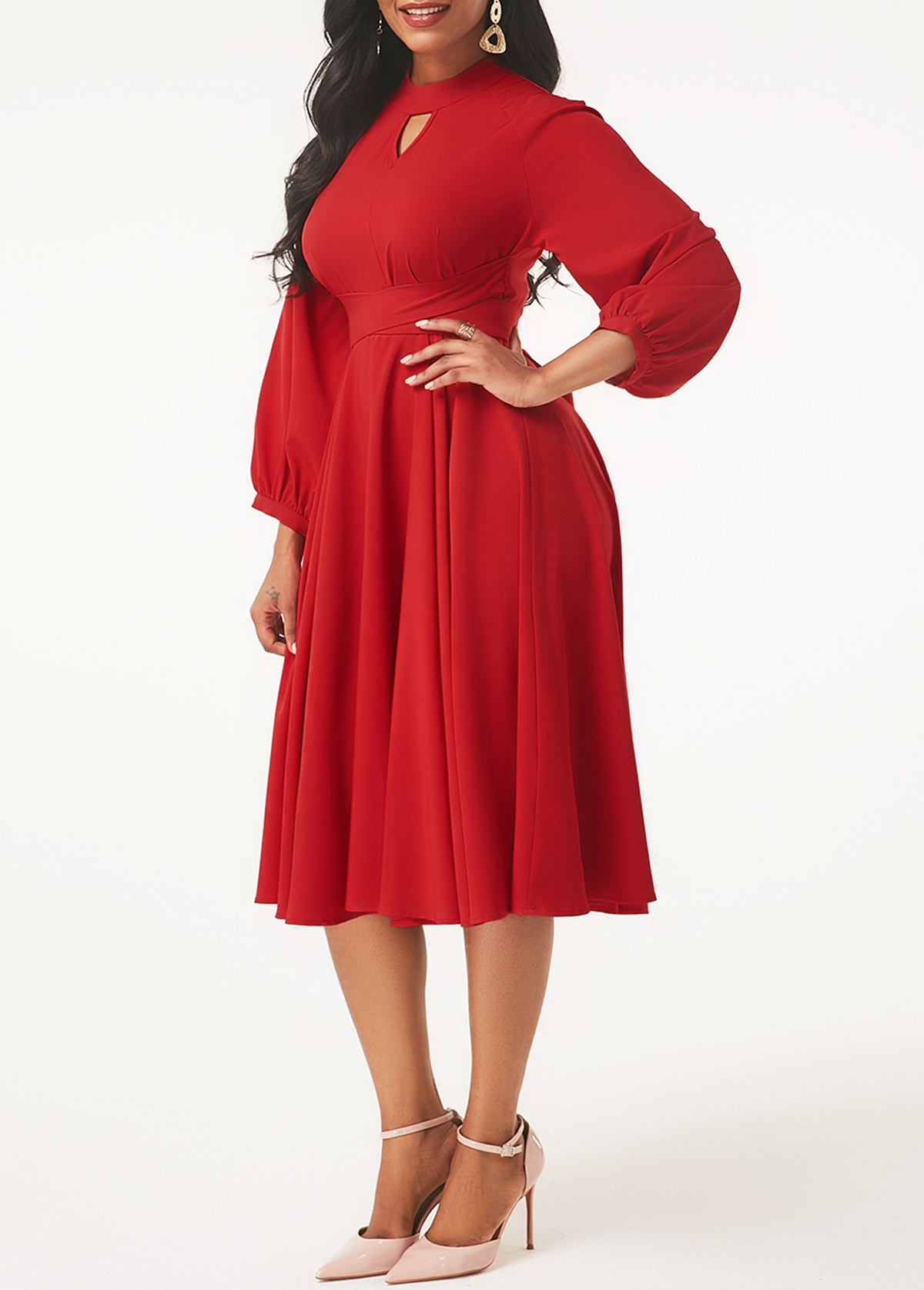 Red Lantern Sleeve Keyhole Neckline Dress | Rosewe.com - USD $32.98