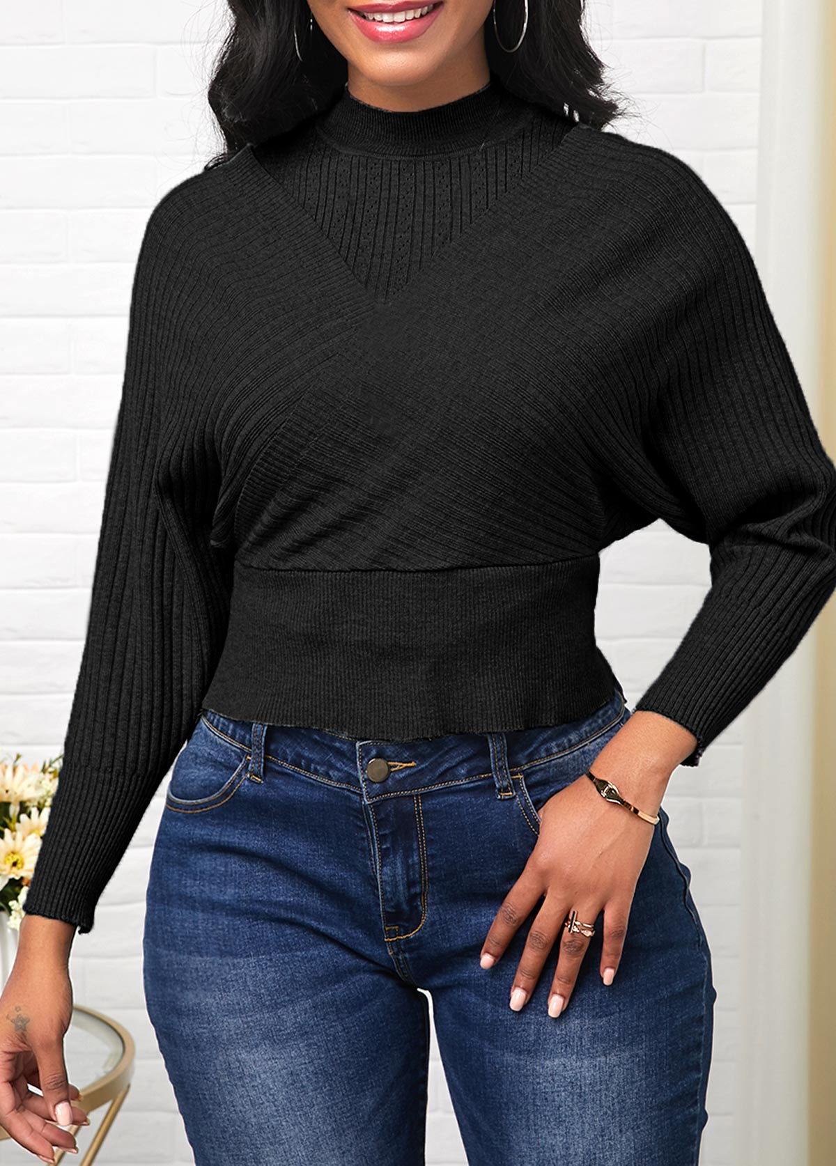Long Sleeve Cold Shoulder Black Sweater | Rosewe.com - USD $31.99
