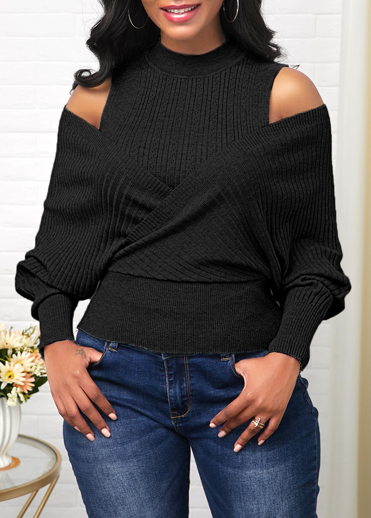 Long Sleeve Cold Shoulder Black Sweater | Rosewe.com - USD $31.99