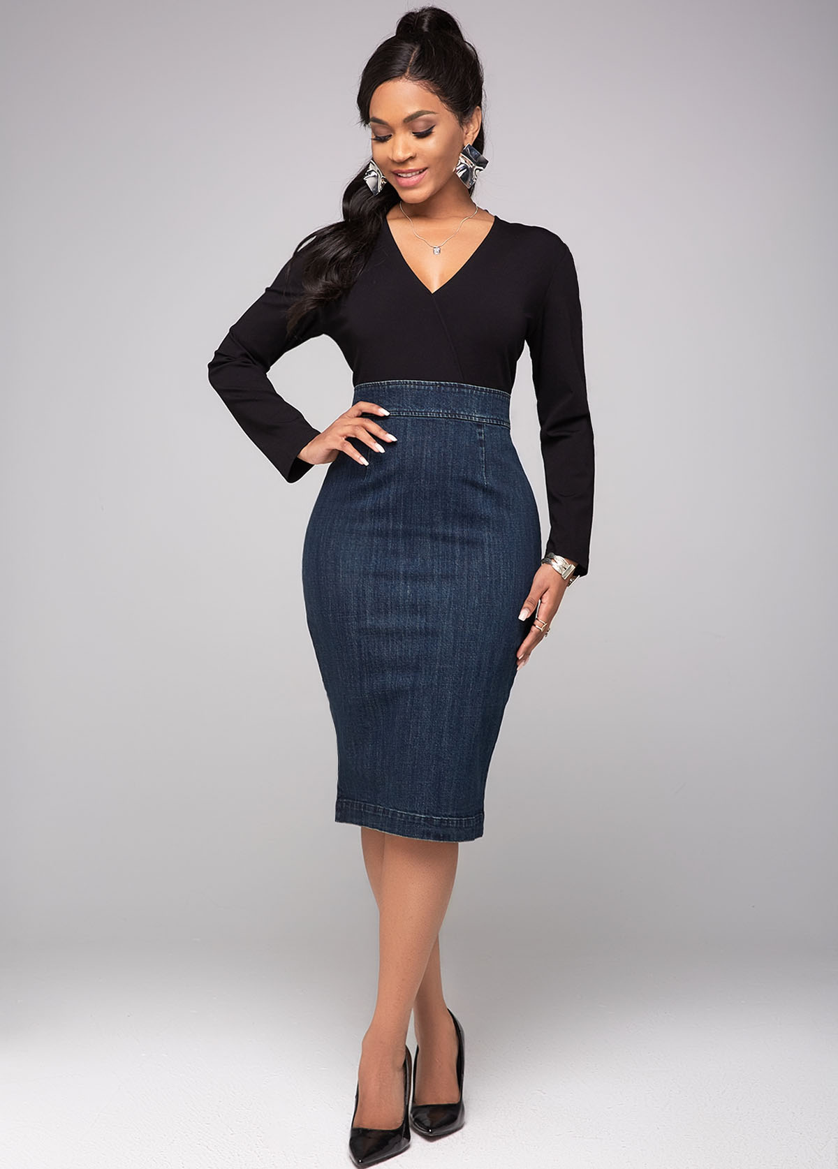 Contrast V Neck Long Sleeve Denim Dress | Rosewe.com - USD $39.77
