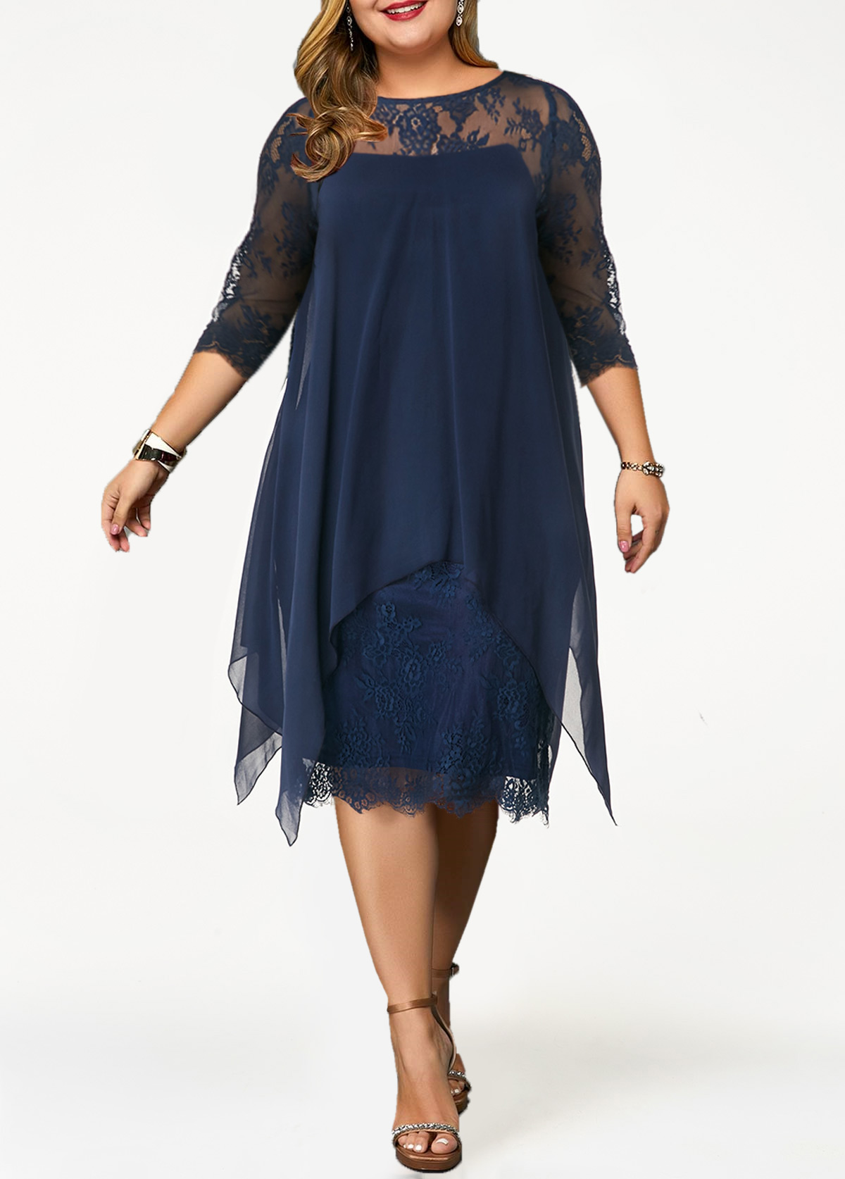 Plus Size Tummy Coverage Navy 3/4 Sleeve Dress | Rosewe.com - USD $9.98