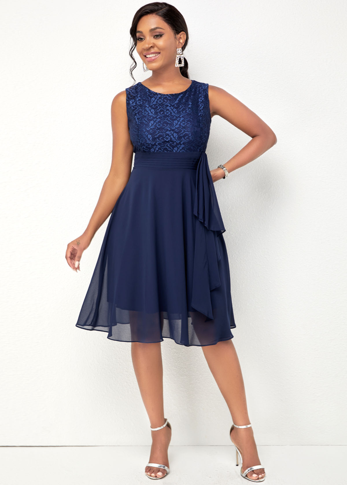 Lace Stitching Navy Blue Chiffon Dress | Rosewe.com - USD $21.99