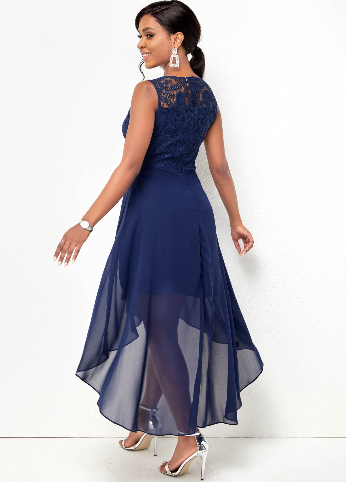 Lace Stitching Sleeveless Chiffon High Low Dress | Rosewe.com - USD $36.99