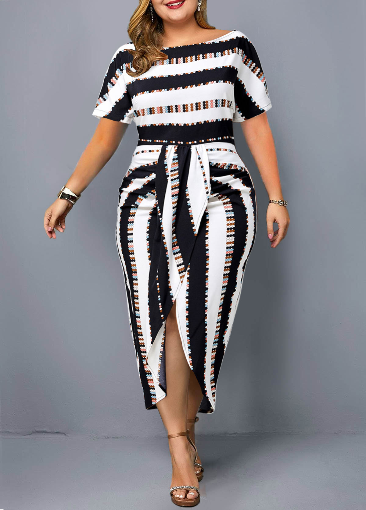 Tie Front Striped Plus Size Dress | Rosewe.com - USD $36.98