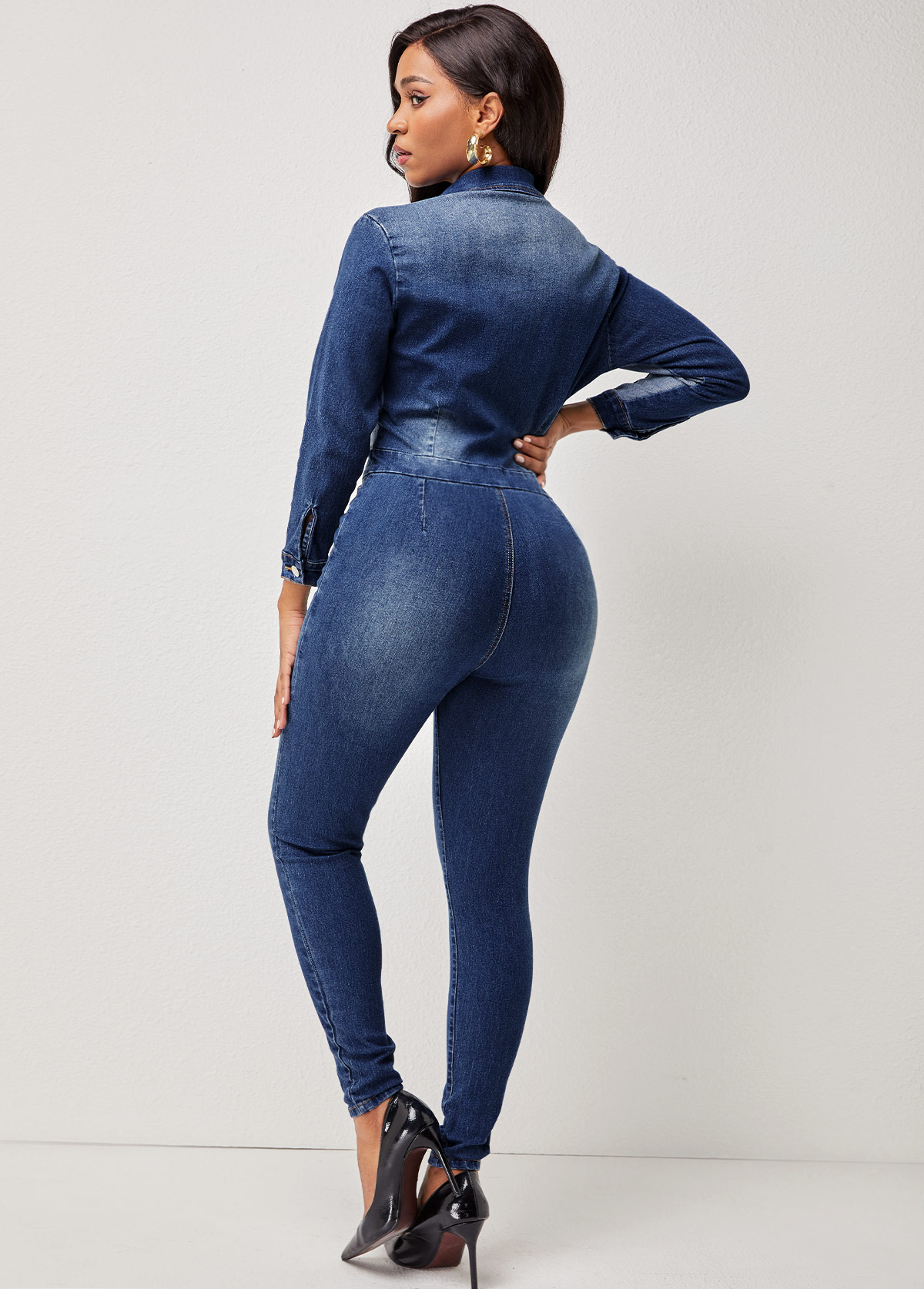 3/4 Sleeve Denim Blue Turndown Collar Jumpsuit | Rosewe.com - USD $54.87