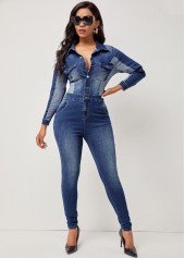 3/4 Sleeve Denim Blue Turndown Collar Jumpsuit | Rosewe.com - USD $54.87