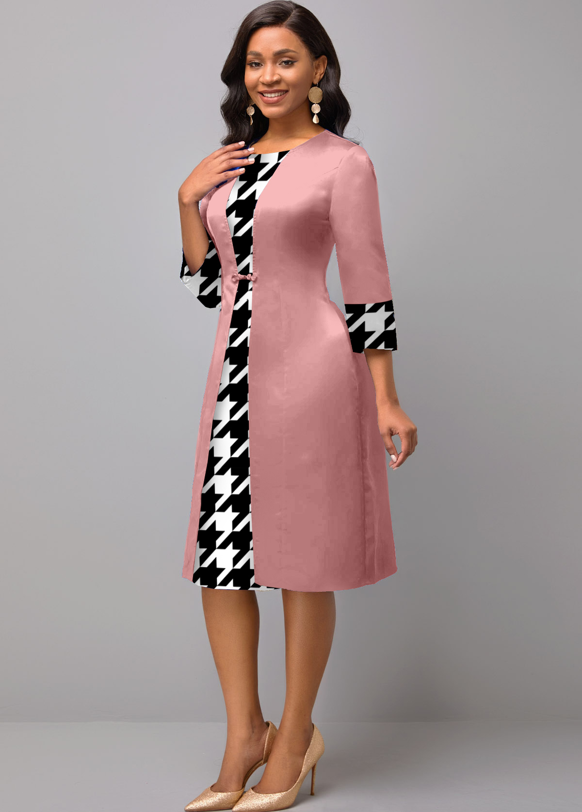 Pink Houndstooth Print Round Neck Dress | Rosewe.com - USD $37.98
