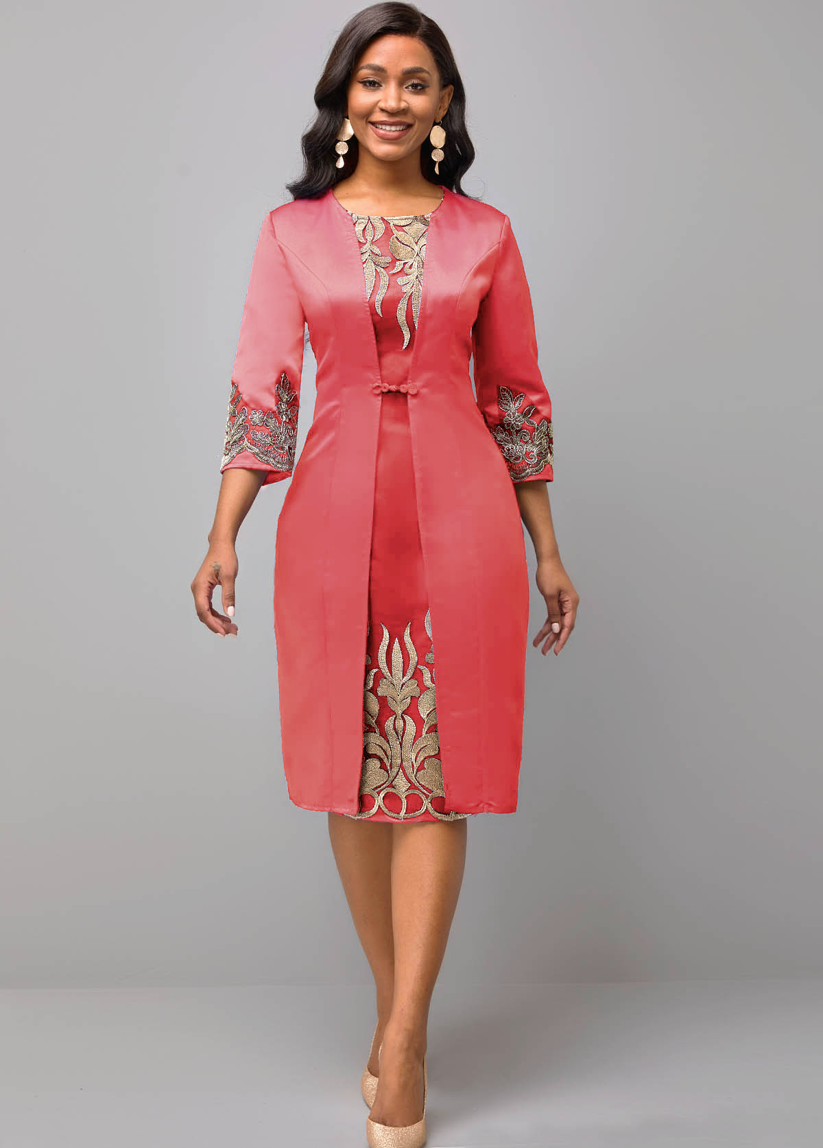 Pink 3/4 Sleeve Lace Patchwork Round Neck Dress | Rosewe.com - USD $45.98