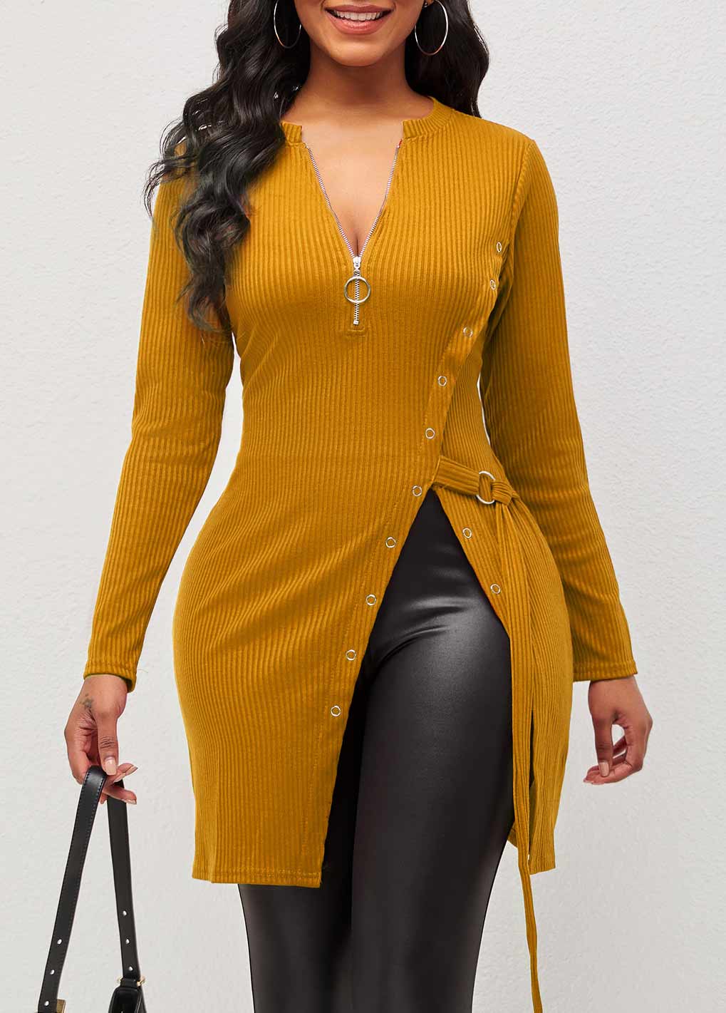 Ginger Quarter Zip Grommet Side Slit Blouse | Rosewe.com - USD $28.98