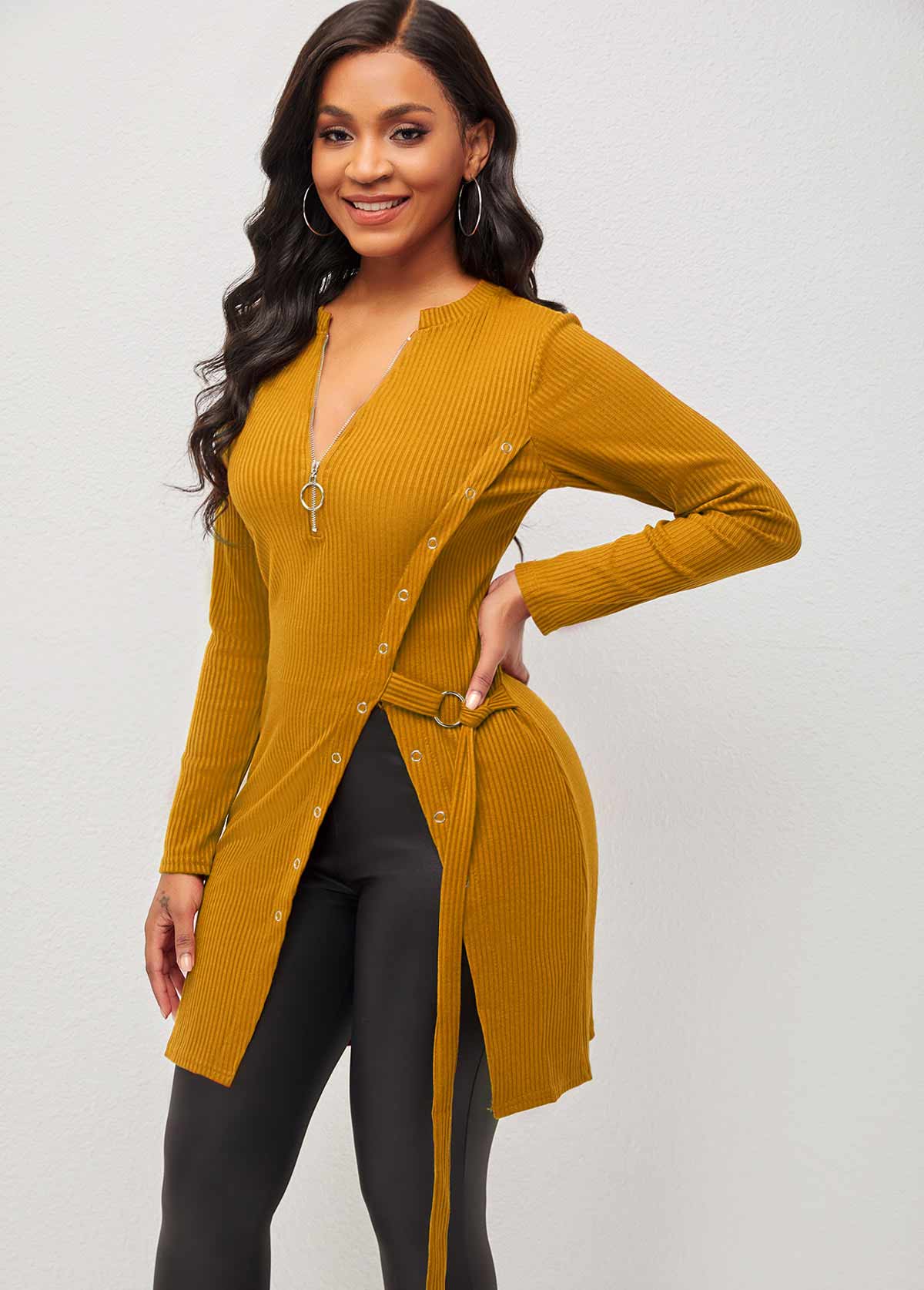 Ginger Quarter Zip Grommet Side Slit Blouse | Rosewe.com - USD $28.98