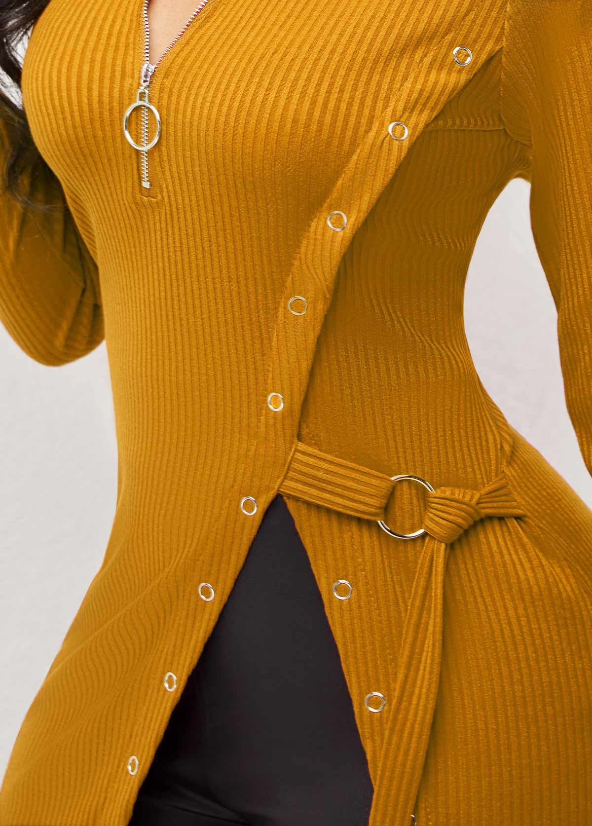 Ginger Quarter Zip Grommet Side Slit Blouse | Rosewe.com - USD $28.98