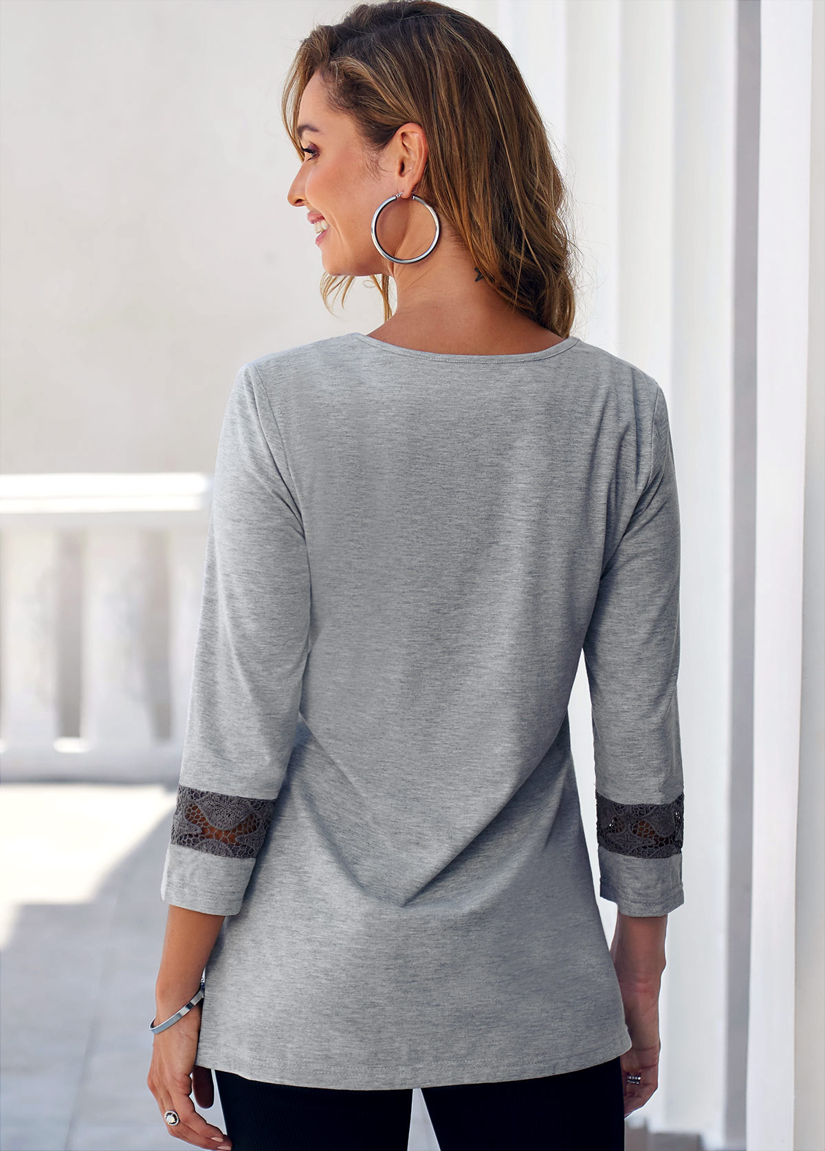 Lace Panel Grey Tassel 3/4 Sleeve Blouse | Rosewe.com - USD $34.98