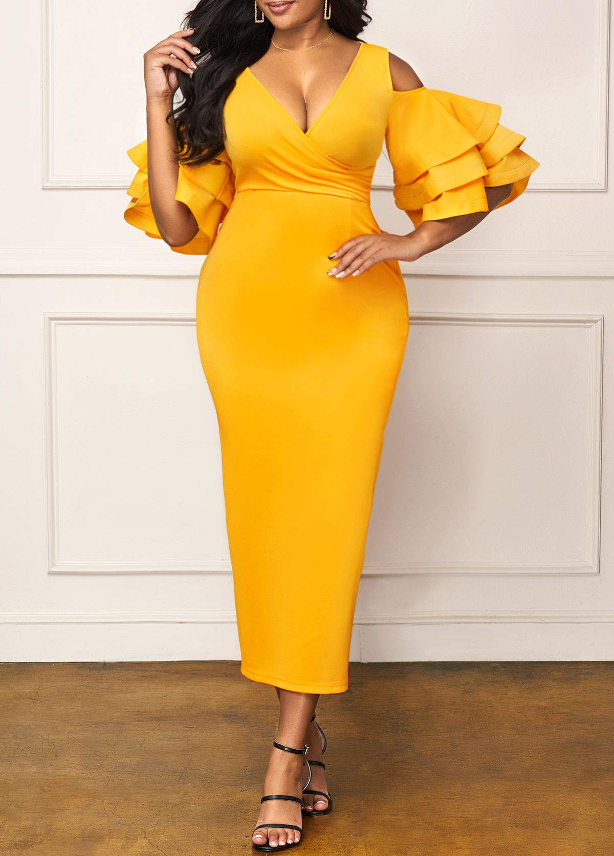 Layered Ruffle Sleeve Back Slit Yellow Dress | Rosewe.com - USD $24.99