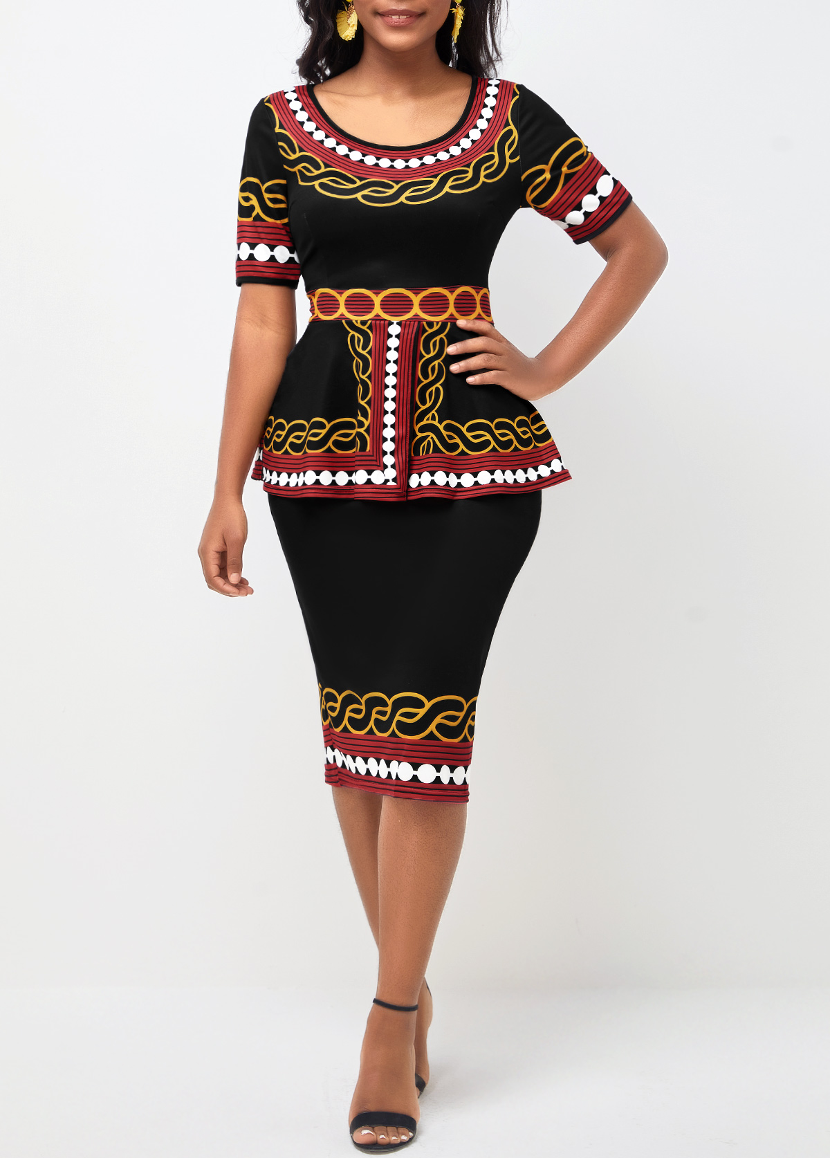 Tribal Print Round Neck Deep Red Peplum Waist Dress | Rosewe.com - USD ...