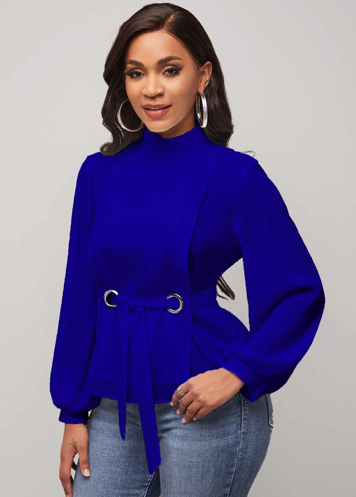 Royal Blue Mock Neck Long Sleeve Belted Blouse | Rosewe.com - USD $31.98