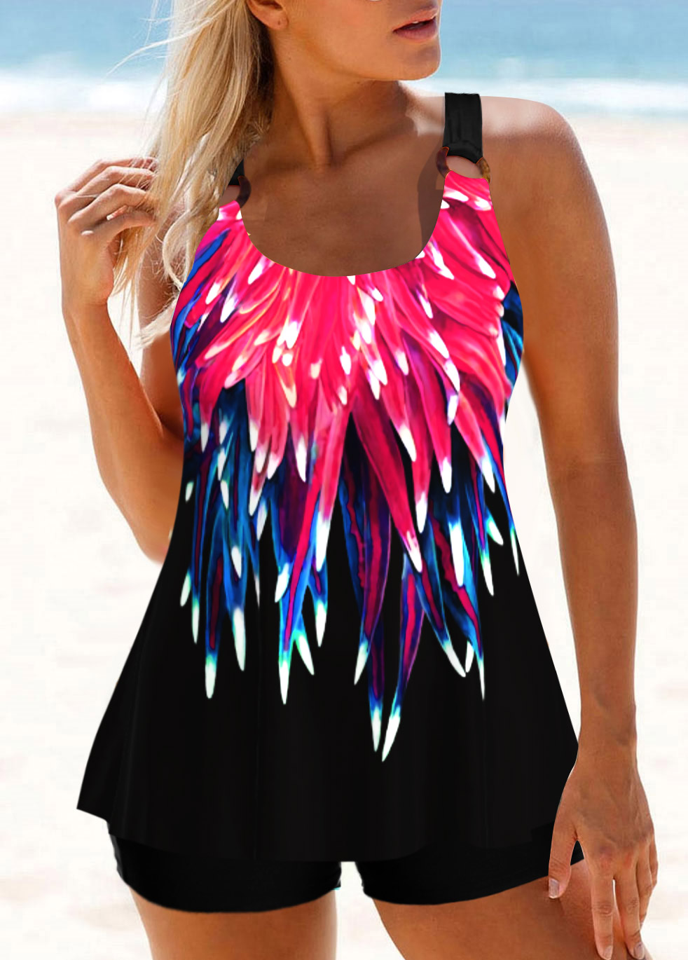 Wide Strap Radial Print Rose Red Tankini Top | Rosewe.com - USD $29.98