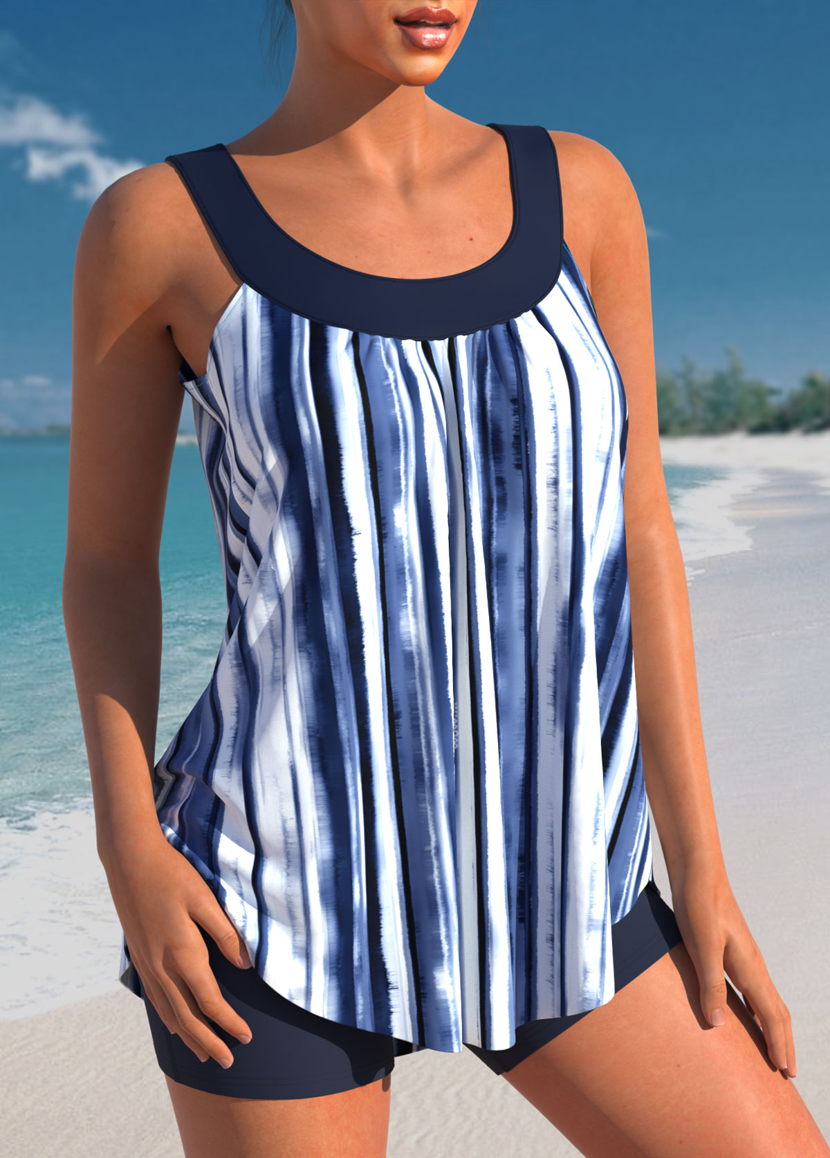 Navy Blue Stripe Print Tankini Set | Rosewe.com - USD $37.98