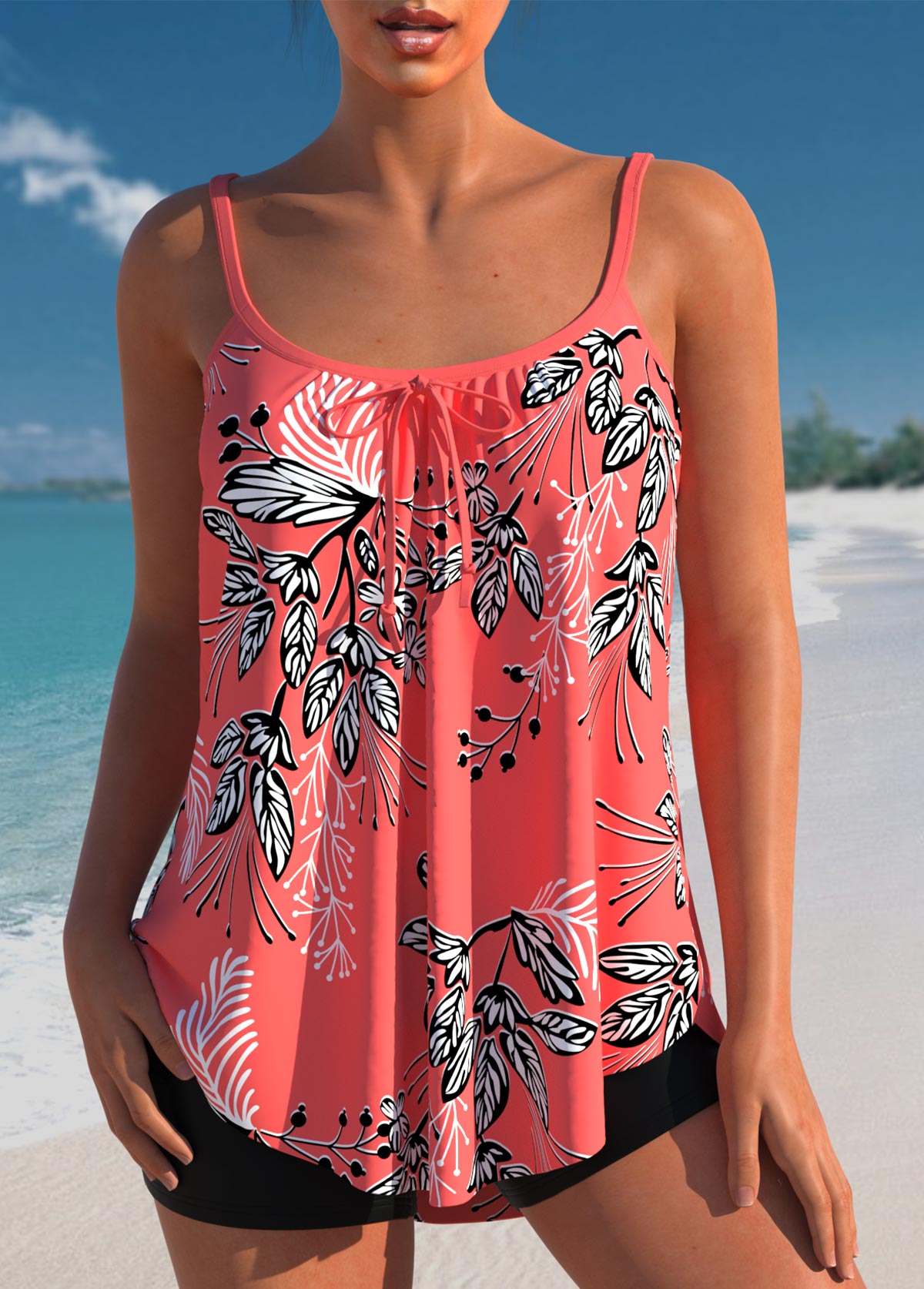 Leaf Print Bowknot Coral Red Tankini Top | Rosewe.com - USD $33.98