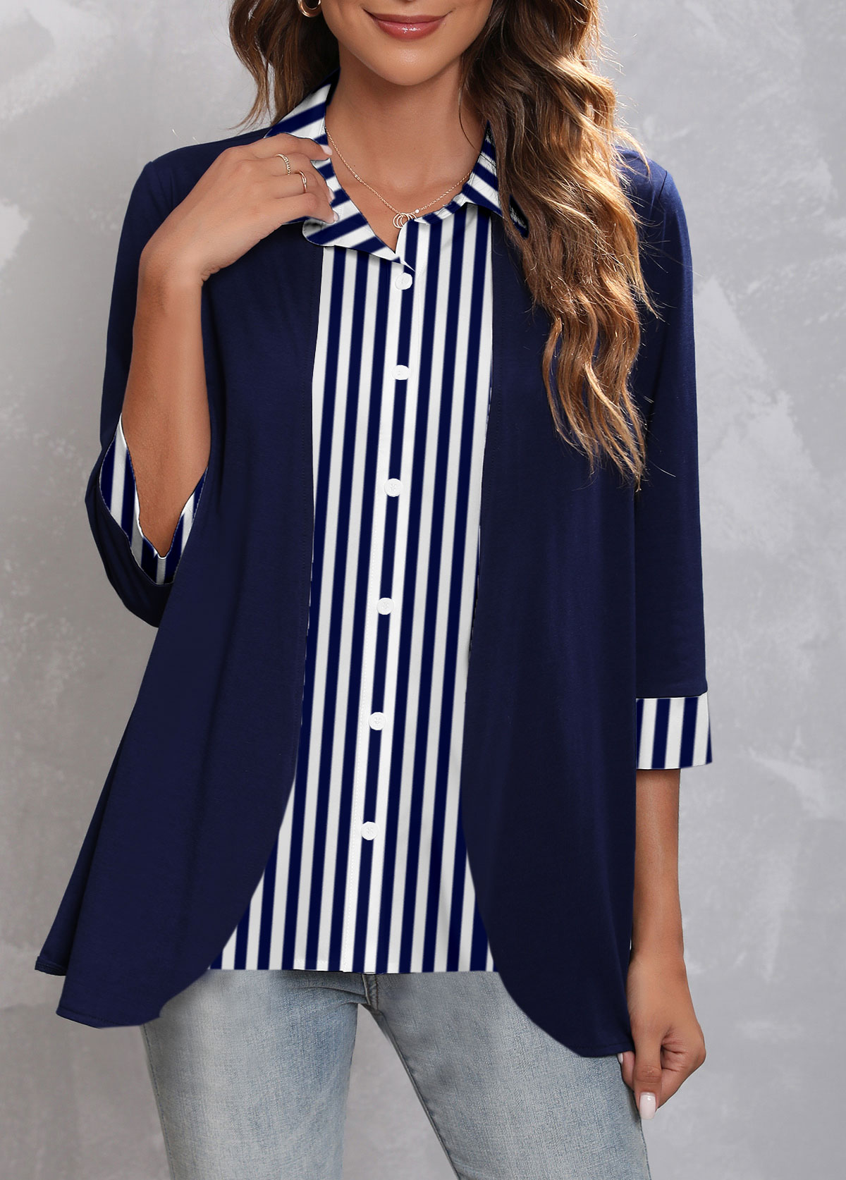 Striped Faux Two Piece Button Up Navy Blouse | Rosewe.com - USD $33.98