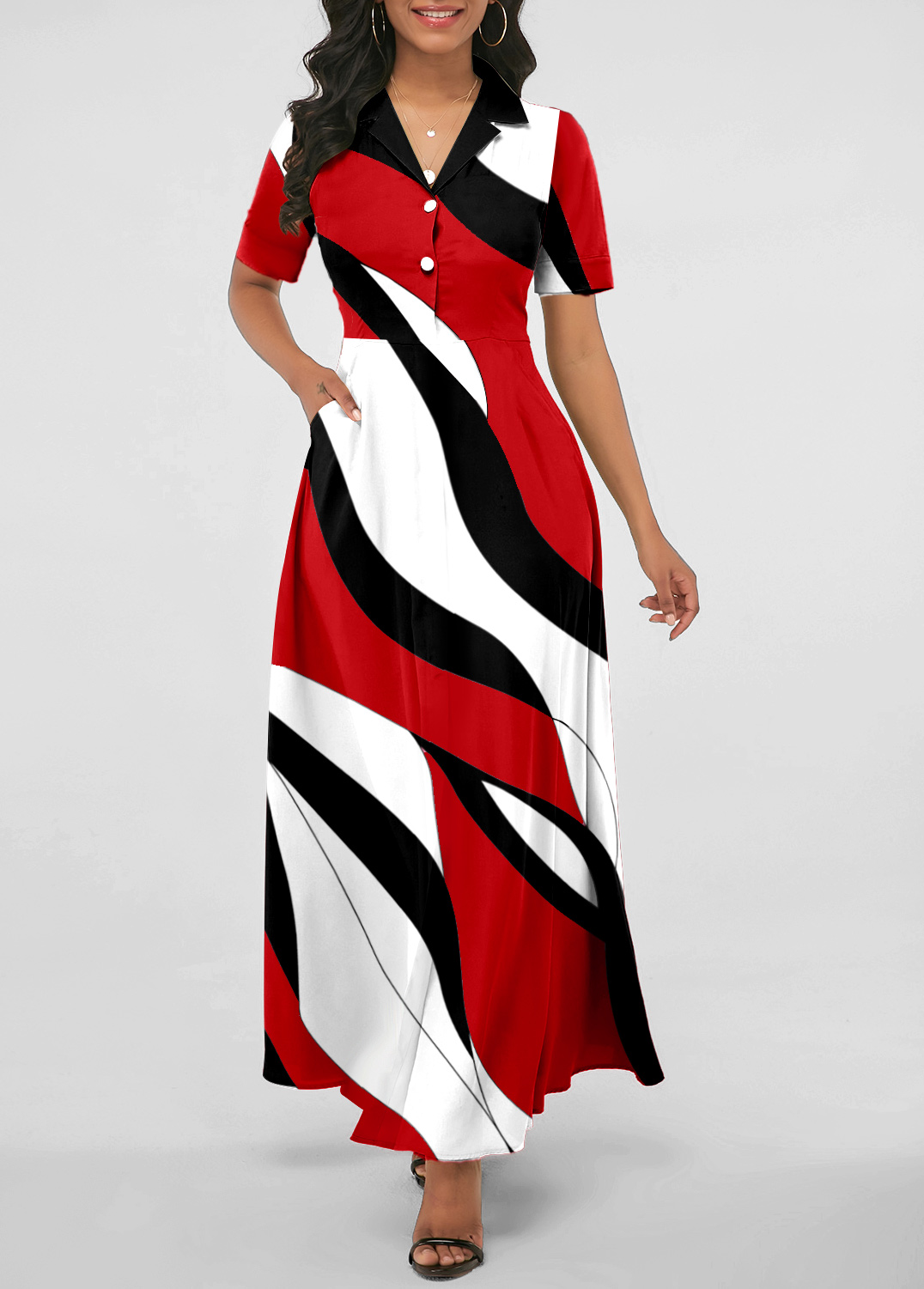 Geometric Print Pocket Red Lapel Maxi Dress | Rosewe.com - USD $34.98