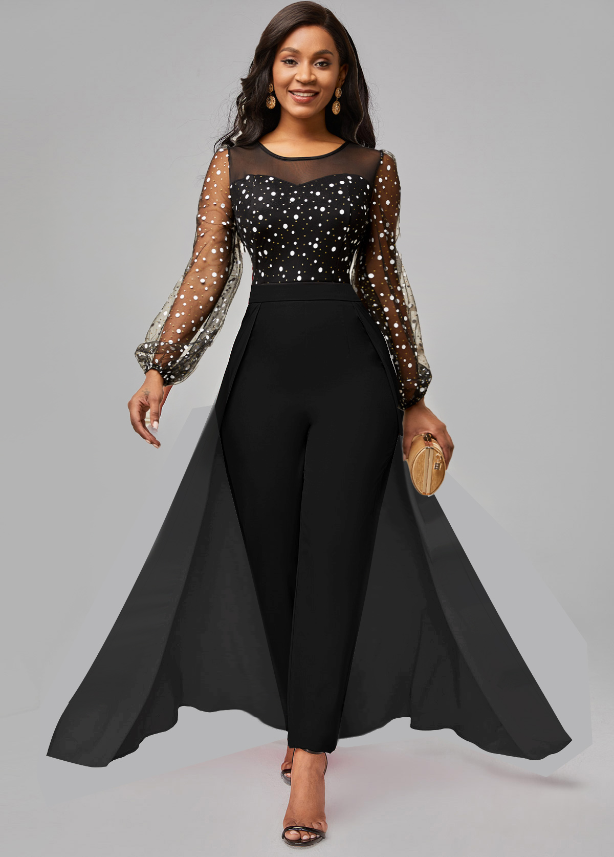 Polka Dot Hot Stamping Black Ankle Length Skinny Jumpsuit | Rosewe.com ...