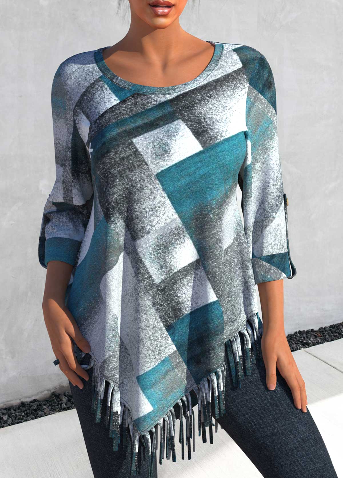 Dusty Blue Plus Size Tassel Plaid Long Sleeve Blouse | Rosewe.com - USD ...