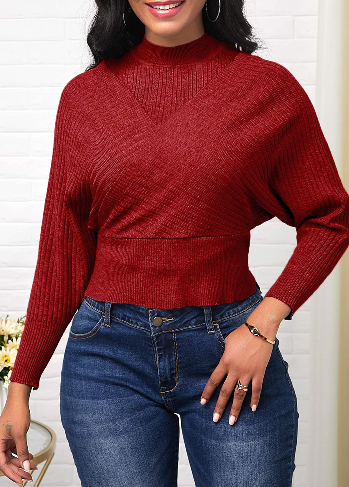 Cold Shoulder Long Sleeve Wine Red Sweater | Rosewe.com - USD $31.98