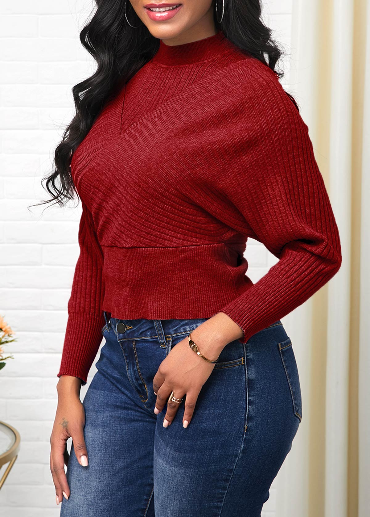 Cold Shoulder Long Sleeve Wine Red Sweater | Rosewe.com - USD $29.99