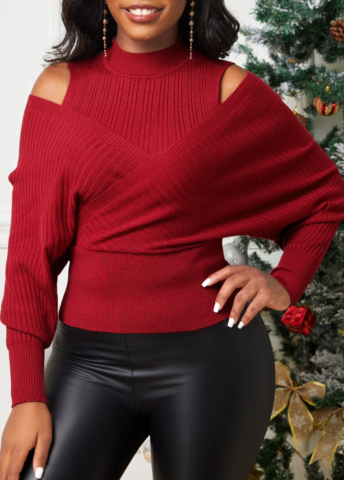 Cold Shoulder Long Sleeve Wine Red Sweater | Rosewe.com - USD $31.98