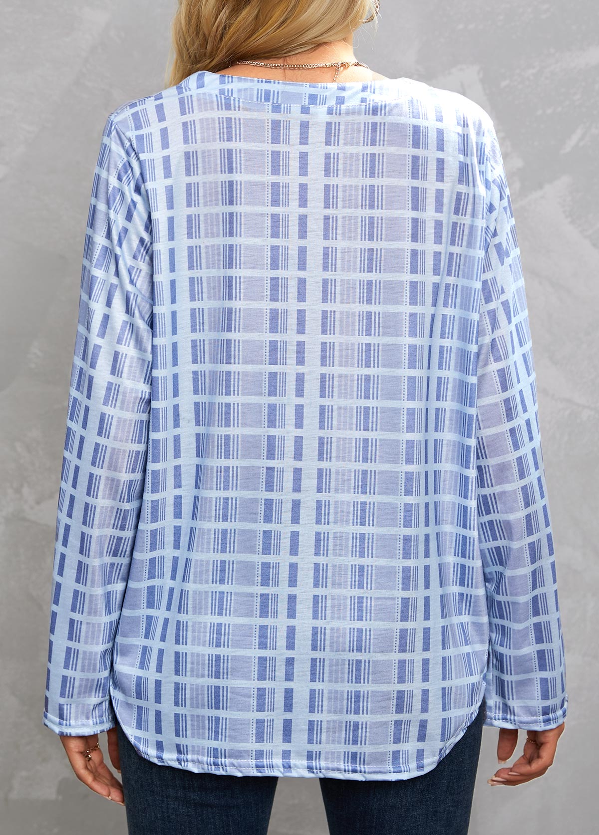 Plaid Pocket Dusty Blue Split Neck Blouse | Rosewe.com - USD $21.98