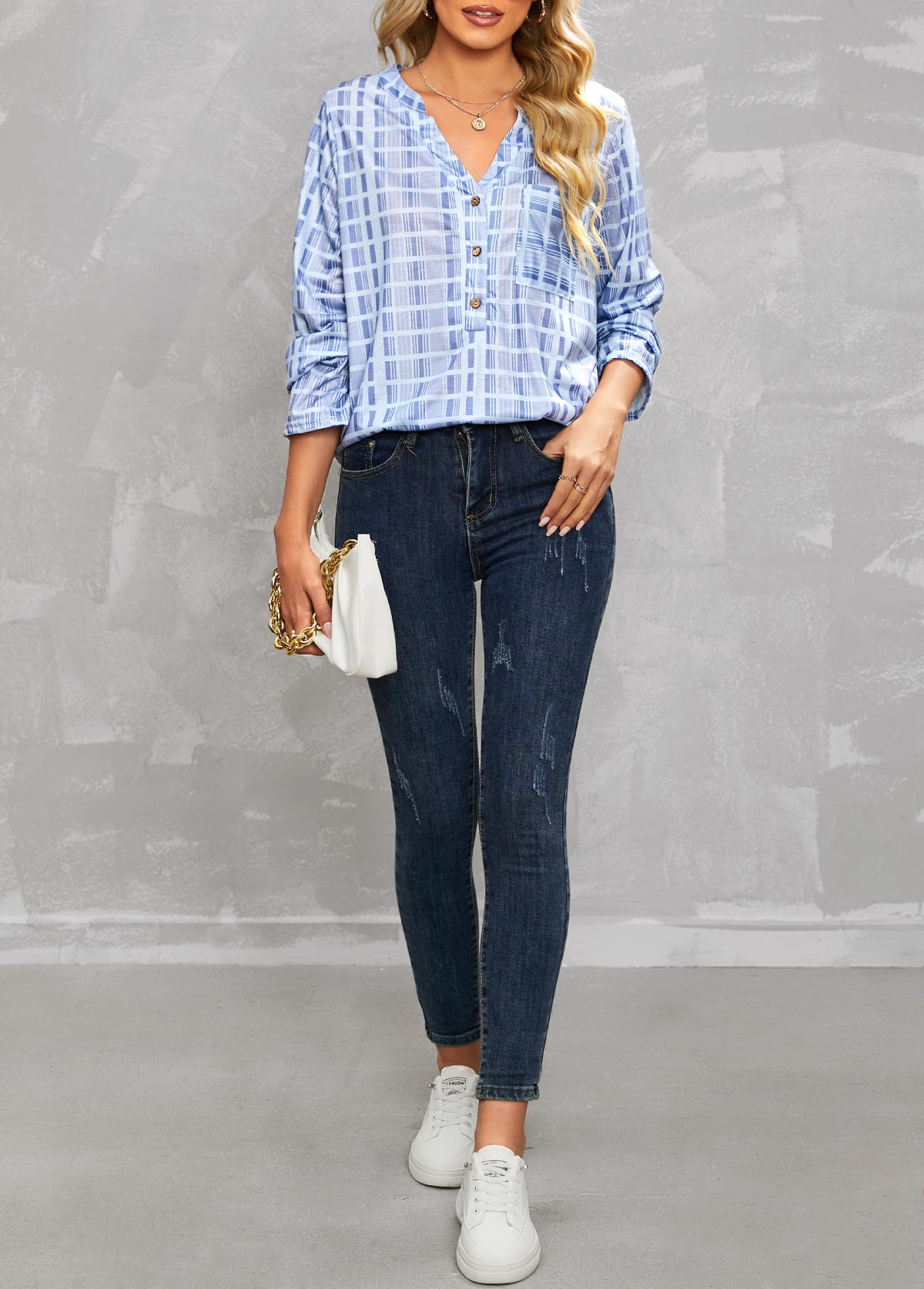 Plaid Pocket Dusty Blue Split Neck Blouse | Rosewe.com - USD $21.98