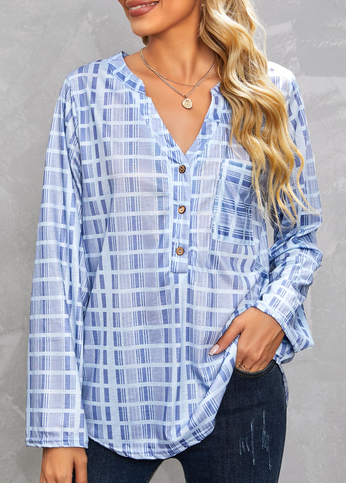 Plaid Pocket Dusty Blue Split Neck Blouse | Rosewe.com - USD $21.98