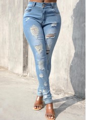 Skinny Hole Light Blue Zipper Fly Jeans | Rosewe.com - USD $19.99