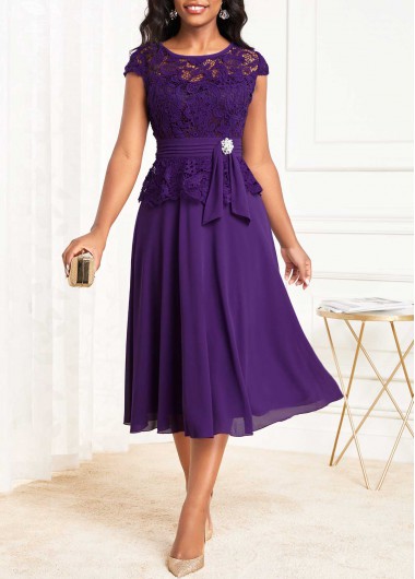 Lace Round Neck Purple Cap Sleeve Dress | Rosewe.com - USD $43.98