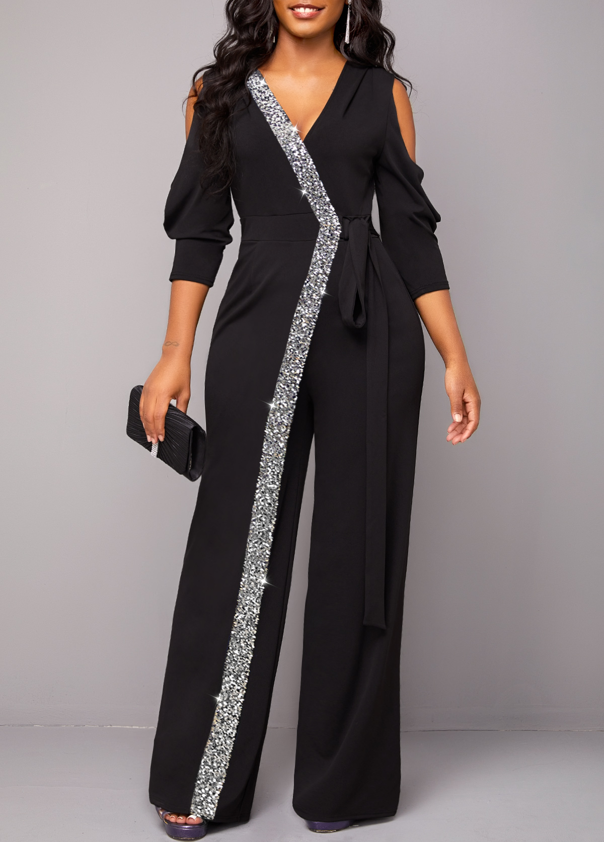 Metal Ring Black Cold Shoulder V Neck Jumpsuit | Rosewe.com - USD $39.98