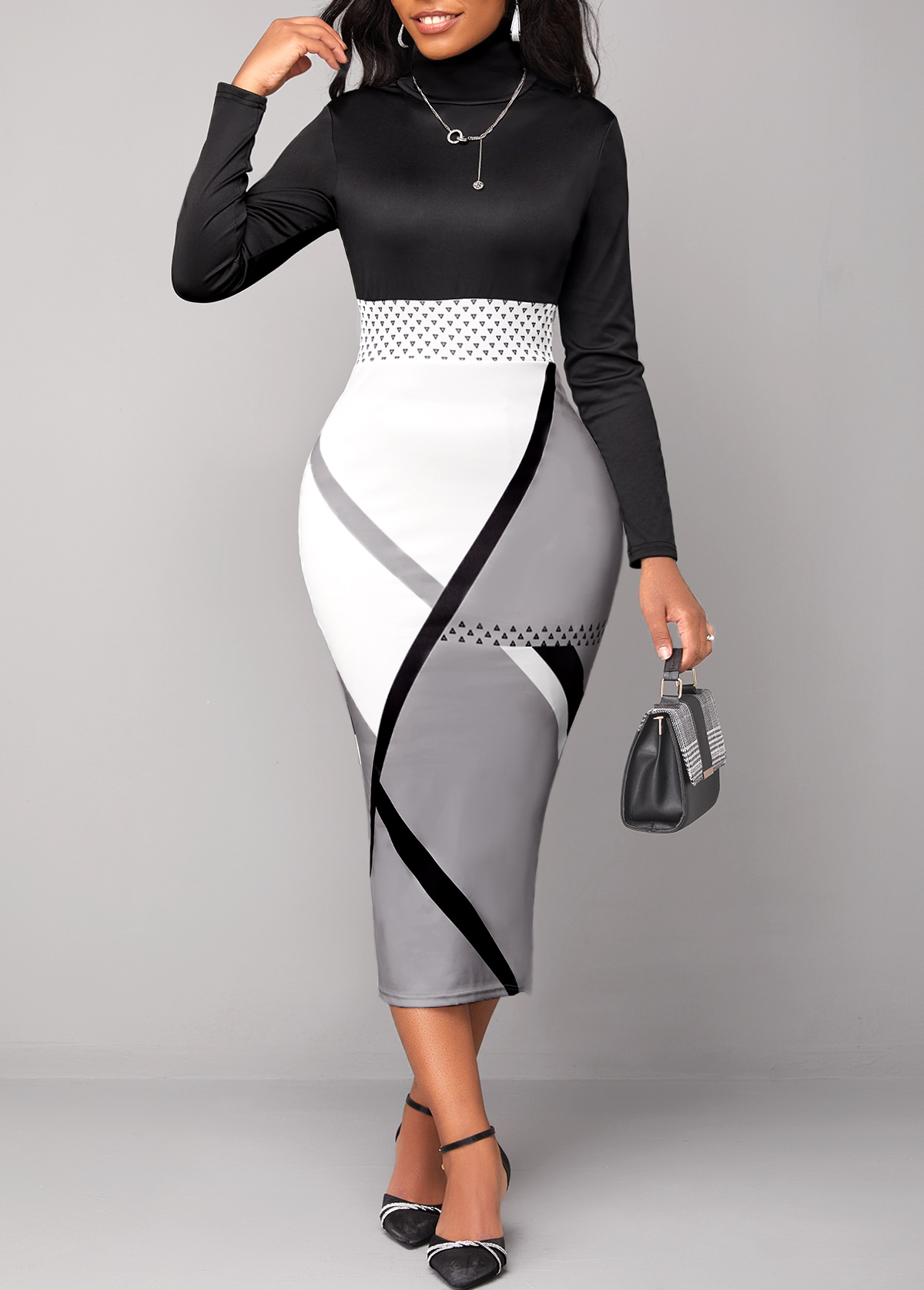 Black Geometric Print High Neck Bodycon Dress | Rosewe.com - USD $26.98