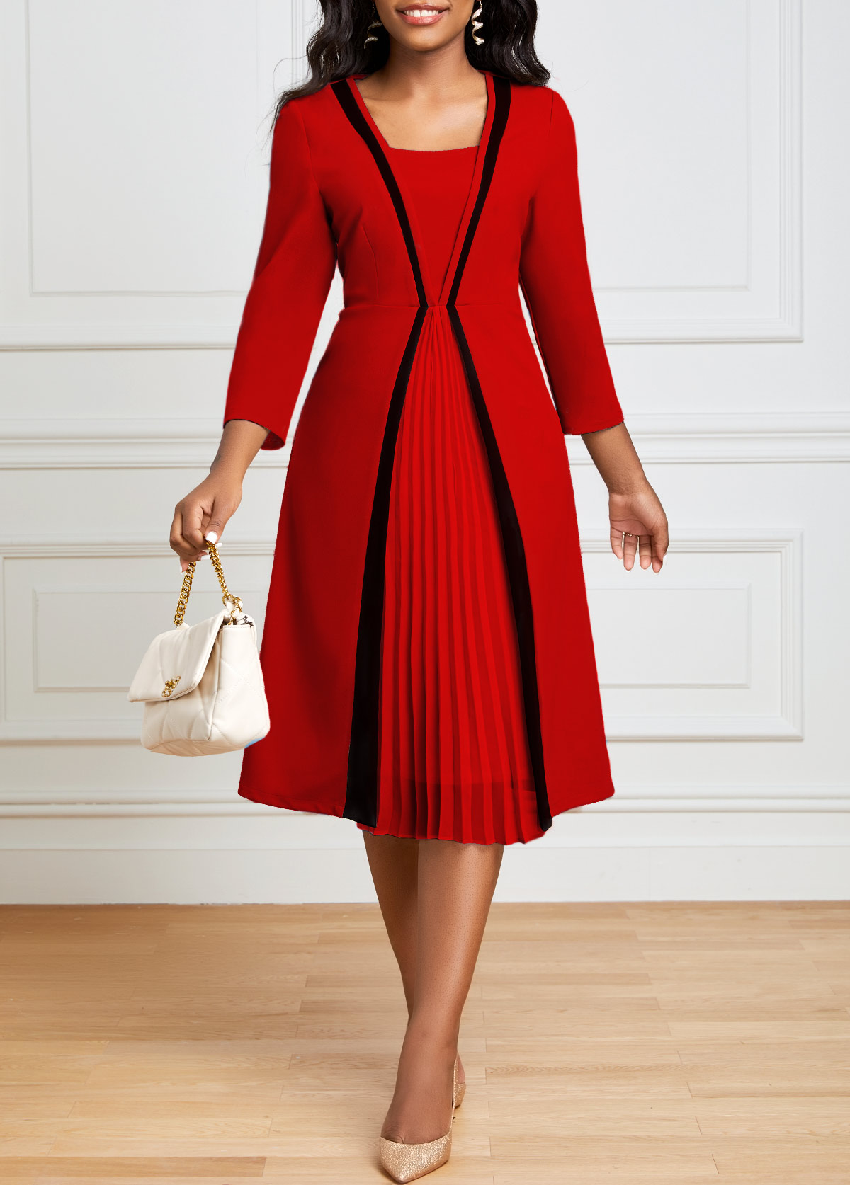 Pleated Hem Red Square Neck Dress | Rosewe.com - USD $34.98