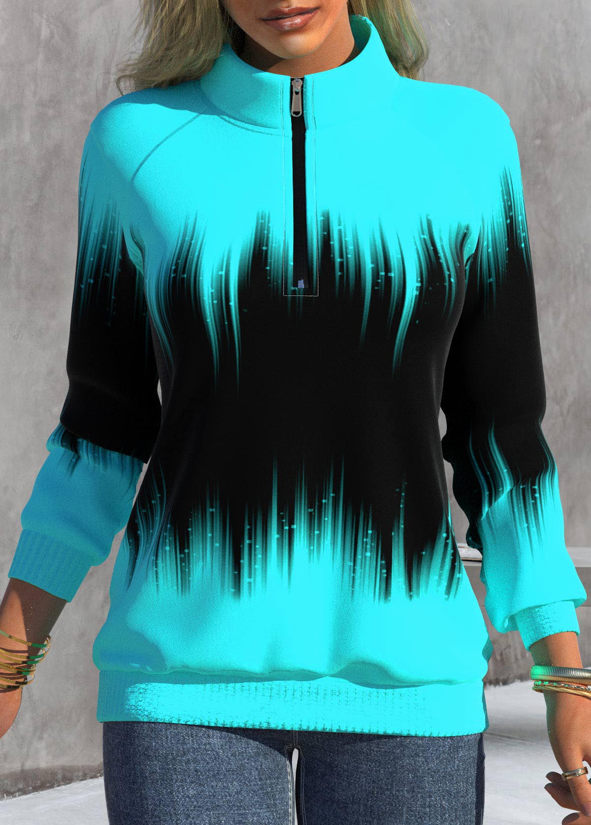 Ombre Zipper Cyan High Neck Long Sleeve Sweatshirt | Rosewe.com - USD ...