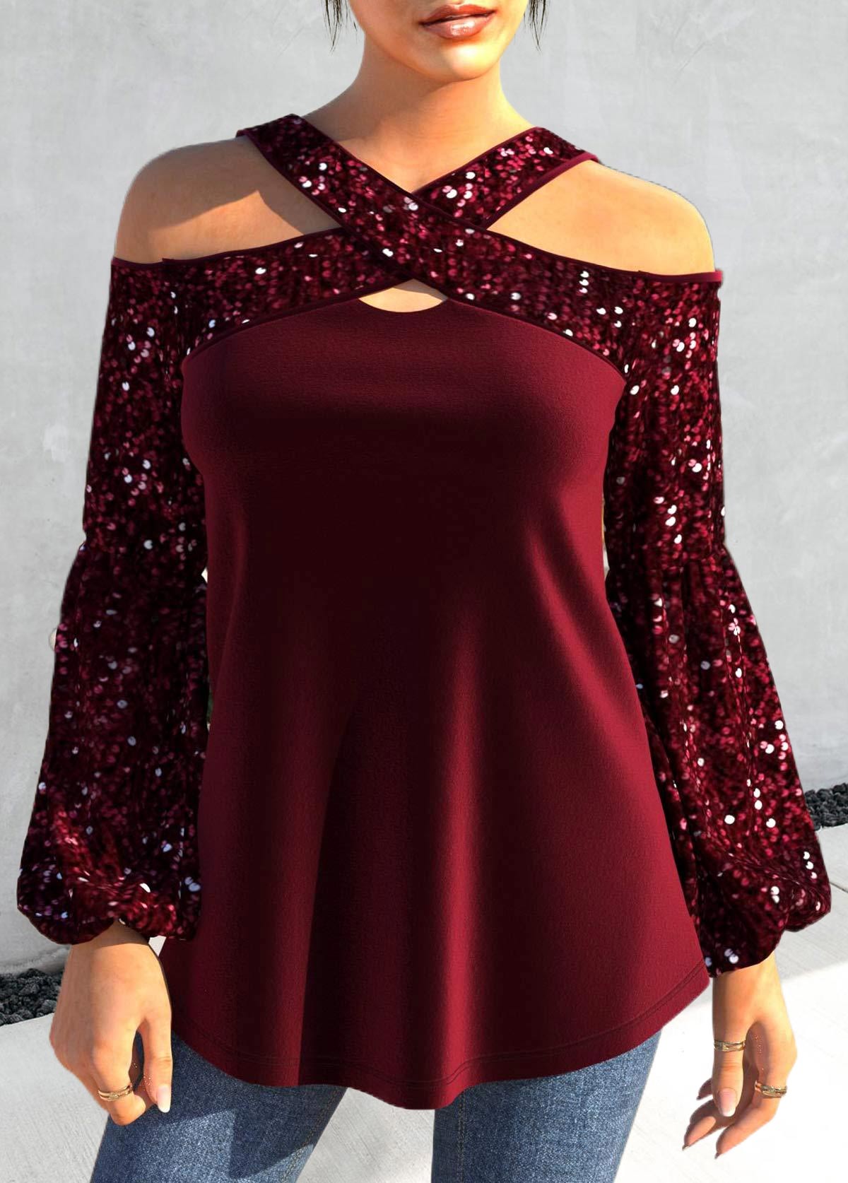 Sequin Wine Red Long Sleeve Cross Collar T Shirt | Rosewe.com - USD $37.98