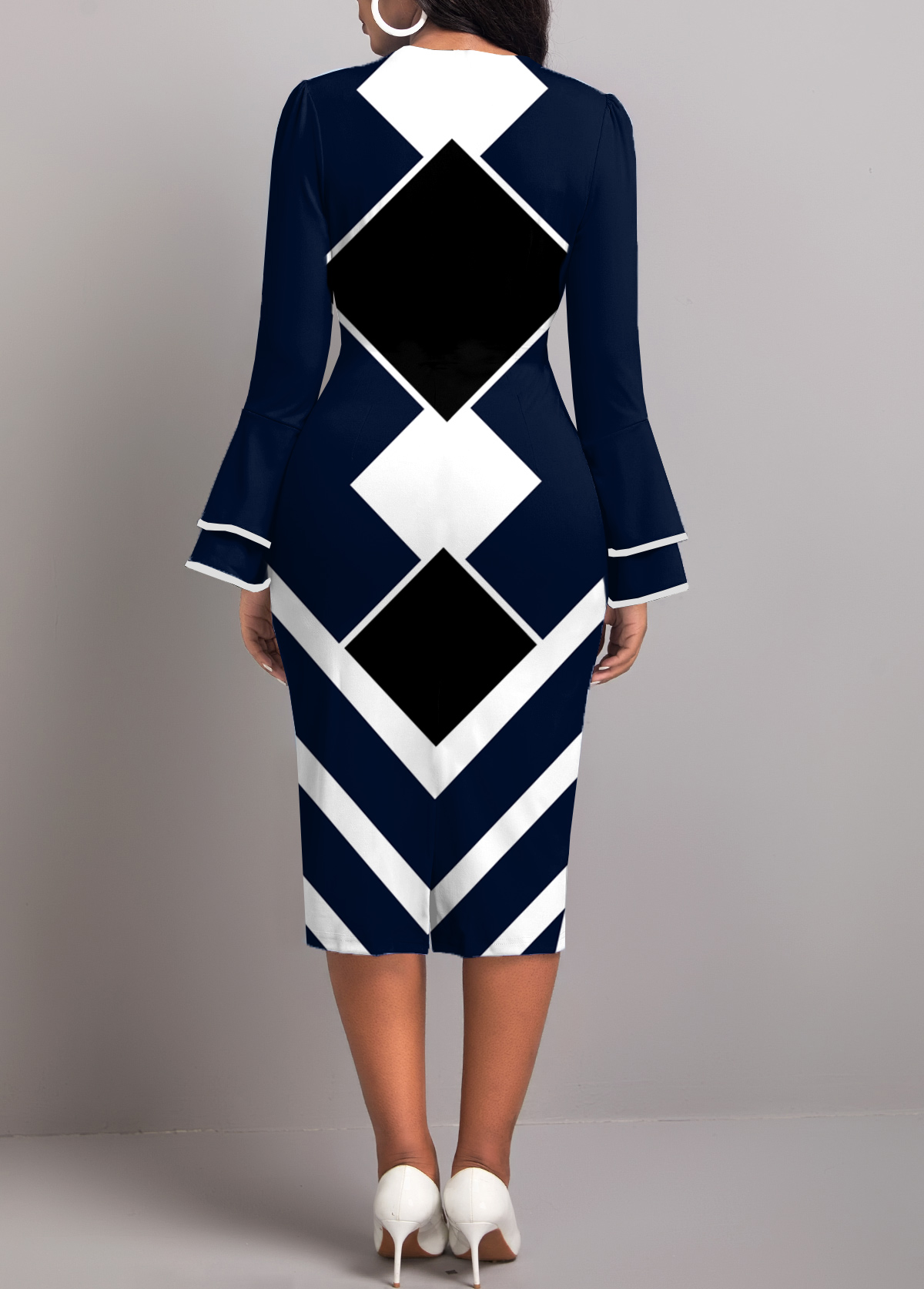 Geometric Print Contrast Binding Navy Bodycon Dress | Rosewe.com - USD ...