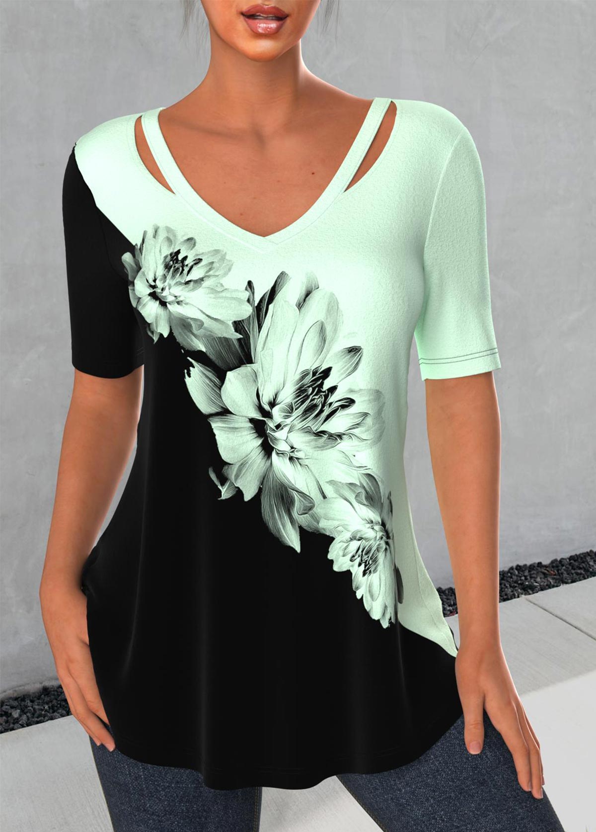 Light Green V Neck Floral Print T Shirt | Rosewe.com - USD $27.98