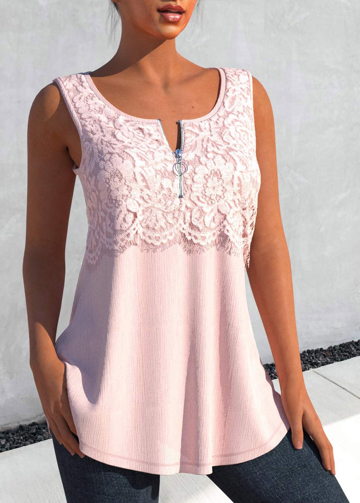 Light Pink Round Neck Lace Tank Top | Rosewe.com - USD $32.98