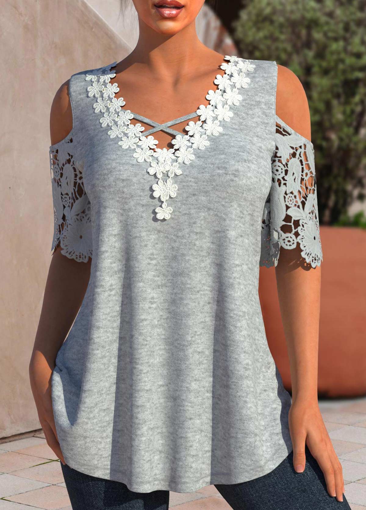 Lace Light Grey Marl V Neck T Shirt | Rosewe.com - USD $36.98